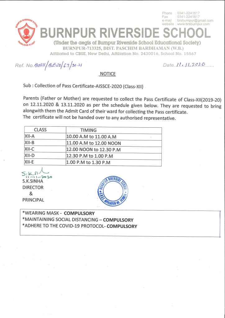 SCHEDULE FOR COLLECTION OF PASS CERTIFICATE CLASS-12(2019-20) – BURNPUR ...
